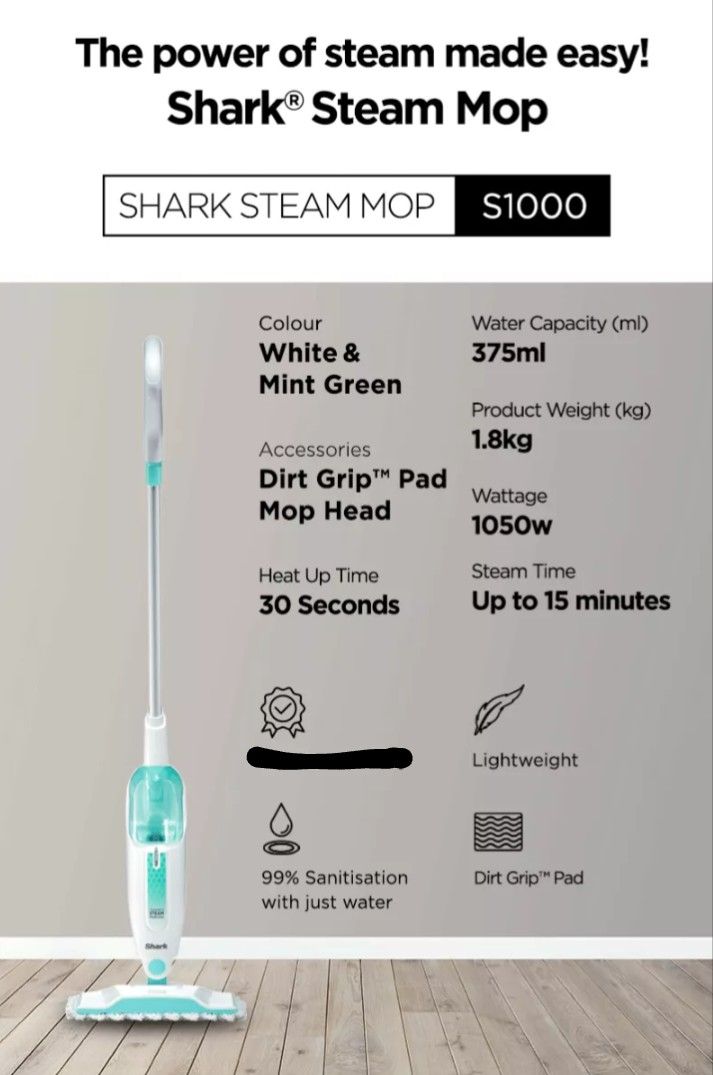 Shark steam mop S1000 just water no chemicals lightweight portable dirt ...