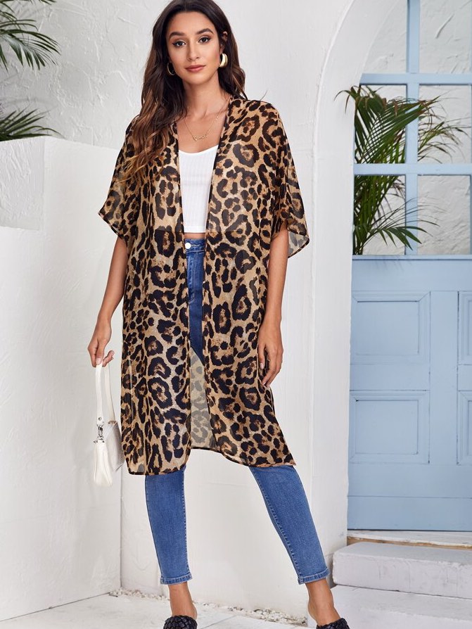 SHEIN Leopard print oversized open waterfall drape maxi kimono cover-up ...