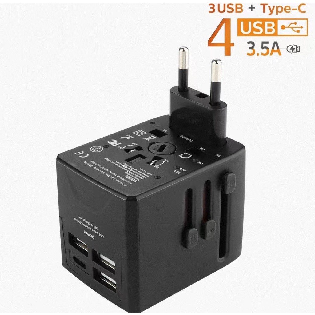 UNIVERSAL TRAVEL ADAPTOR TYPE C USB 4 PLUCK EU UK ASIA TWO PIN PLUG ...