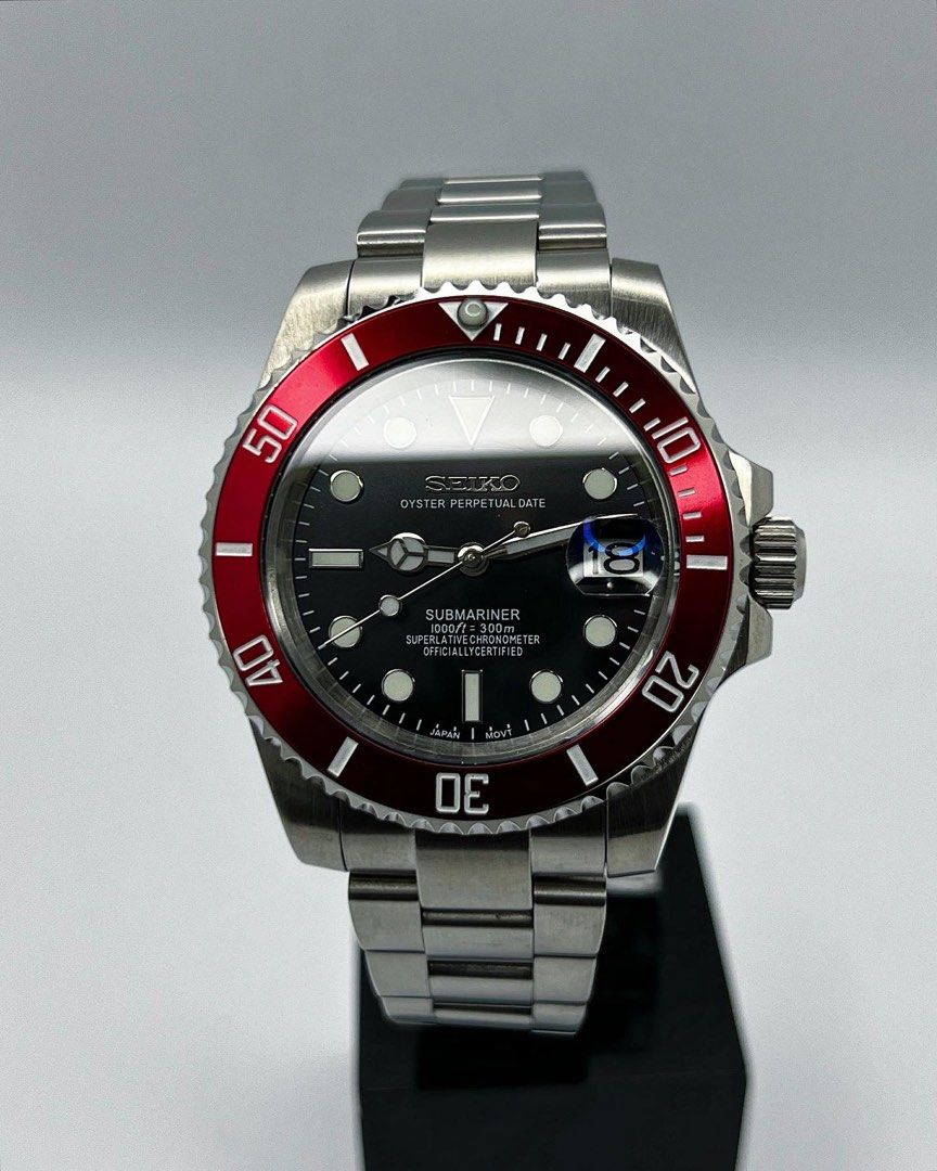 Custom Seiko Mod Red Bezel Submariner in 40mm, Men's Fashion, Watches ...