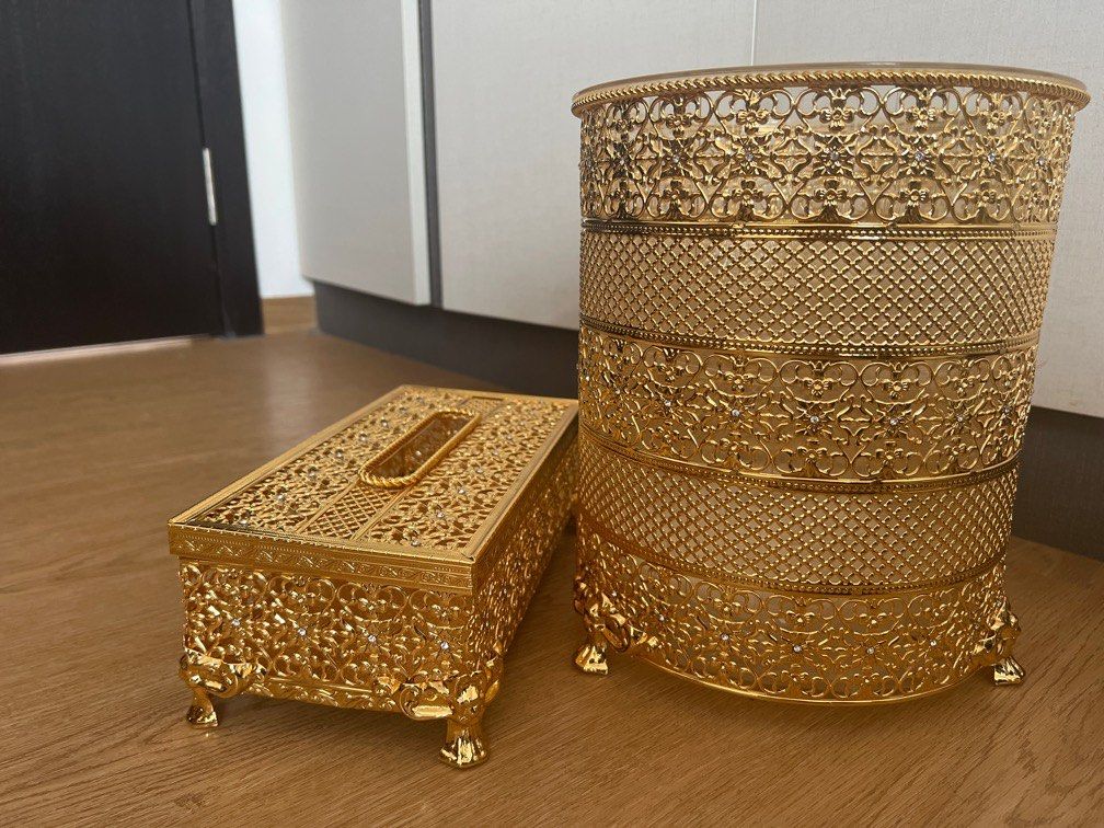 Gold Tissue Box & Dustbin Set, Furniture & Home Living, Home Decor ...