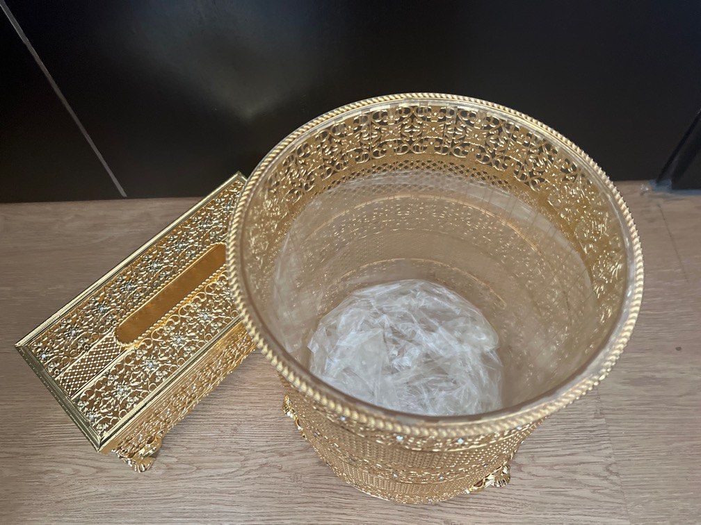 Gold Tissue Box & Dustbin Set, Furniture & Home Living, Home Decor ...