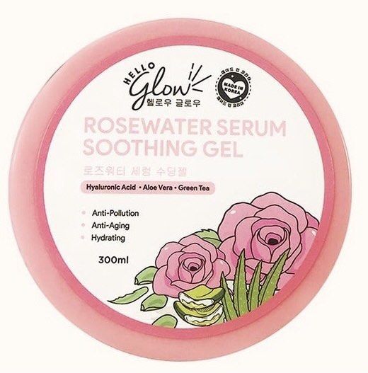 Hello Glow Rosewater Serum Soothing Gel Hyaluronic Acid Aloe Vera Green ...