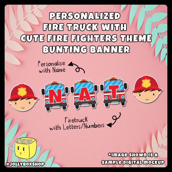 Personalized Fire Trucks with Cute Firefigters Bunting Banner For Party ...