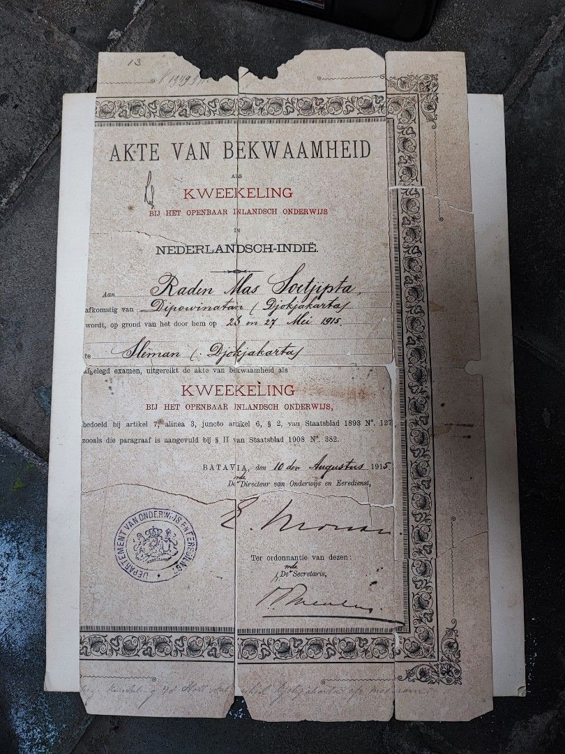 Potongan Ijazah Kuno Sekolah Rakjat Seorang Raden Mas thn 1915, Antik ...