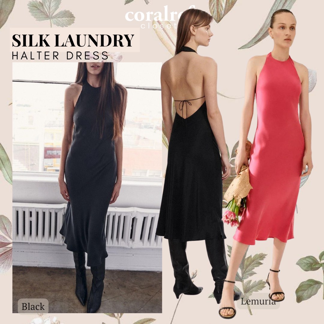 Silk Laundry Halter Midi Dress in Lemuria, Black, Women's Fashion ...