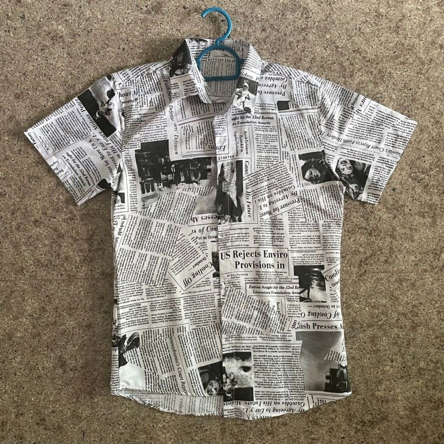 White Newspaper Print Short Sleeved Button-up Shirt (Men), Men's Fashion, Tops & Sets, Formal ...