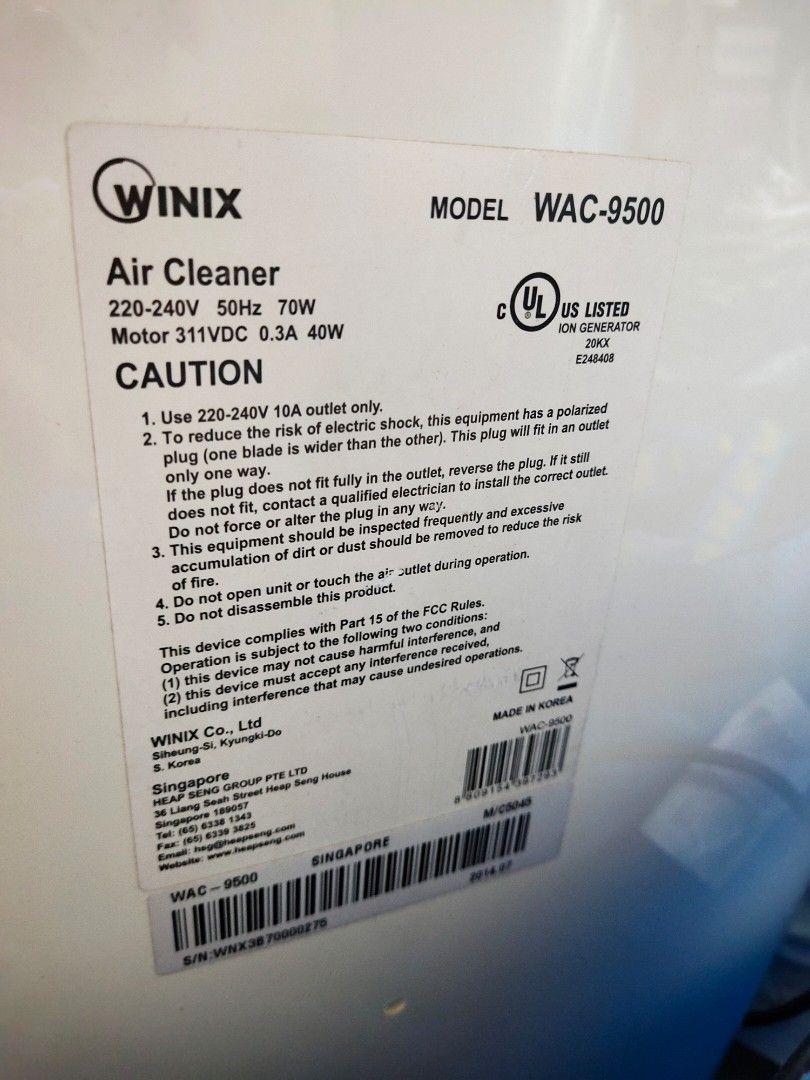 Winx WAC9500 air purifier (made in Korea), TV & Home Appliances, Air ...