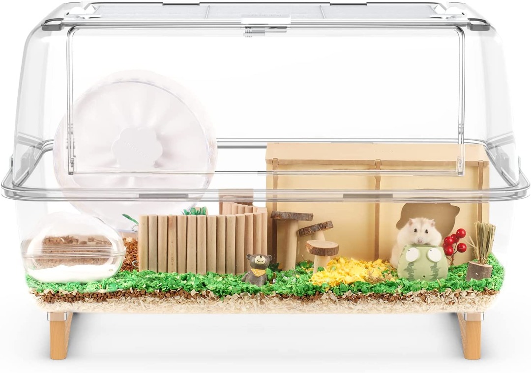 BUCATSTATE Hamster Cages, Fully Transparent Small Animal Cage with Wood ...