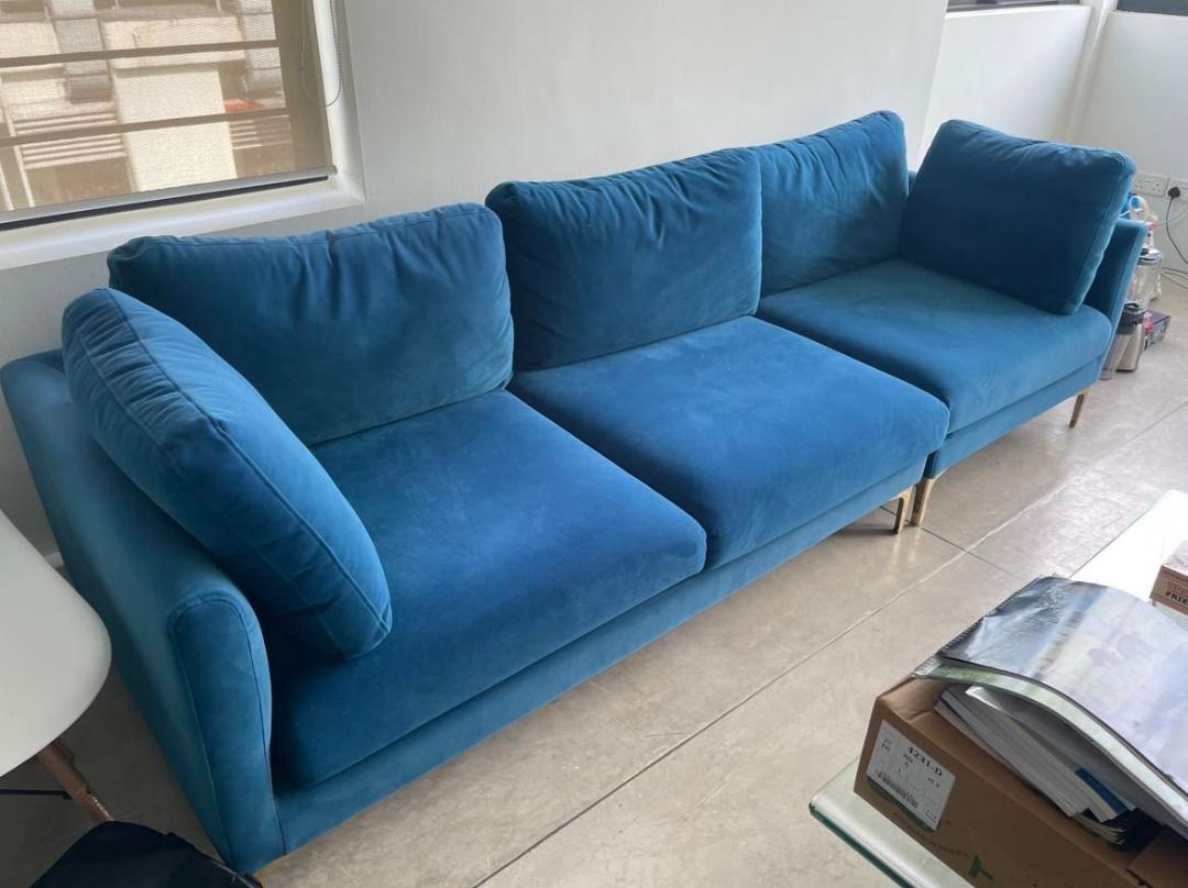 Castlery blue velvet sofa, Furniture & Home Living, Furniture, Sofas on ...
