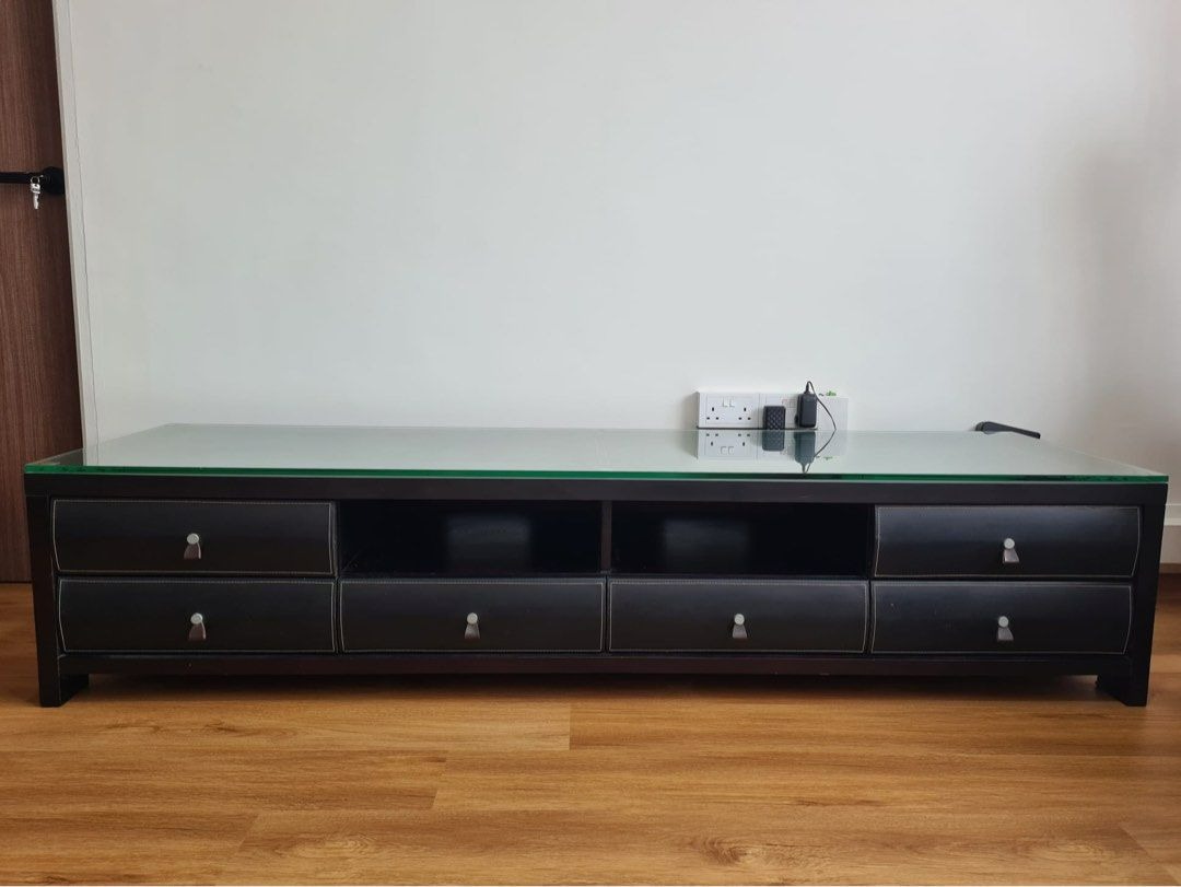 Dark Leather with Glass Top TV Console, Furniture & Home Living ...