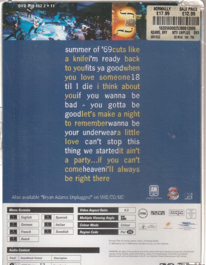 DVD: BRYAN ADAMS - Unplugged, Hobbies & Toys, Music & Media, CDs & DVDs on Carousell