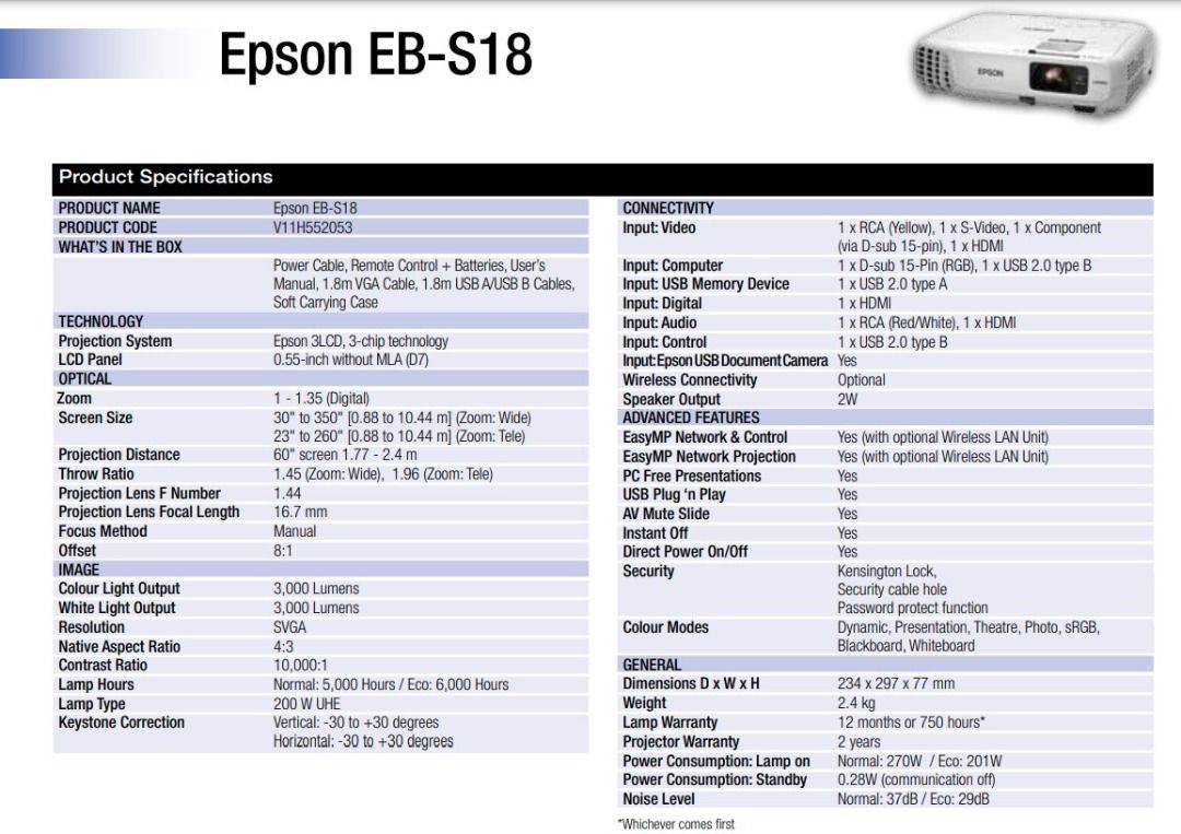 Epson EB-S18 Projector, TV & Home Appliances, TV & Entertainment ...