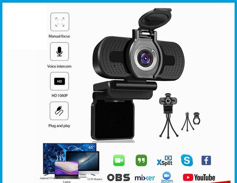 Full HD 1080P USB Web Camera with Built-in Mic + Cover 360 Rotation ...