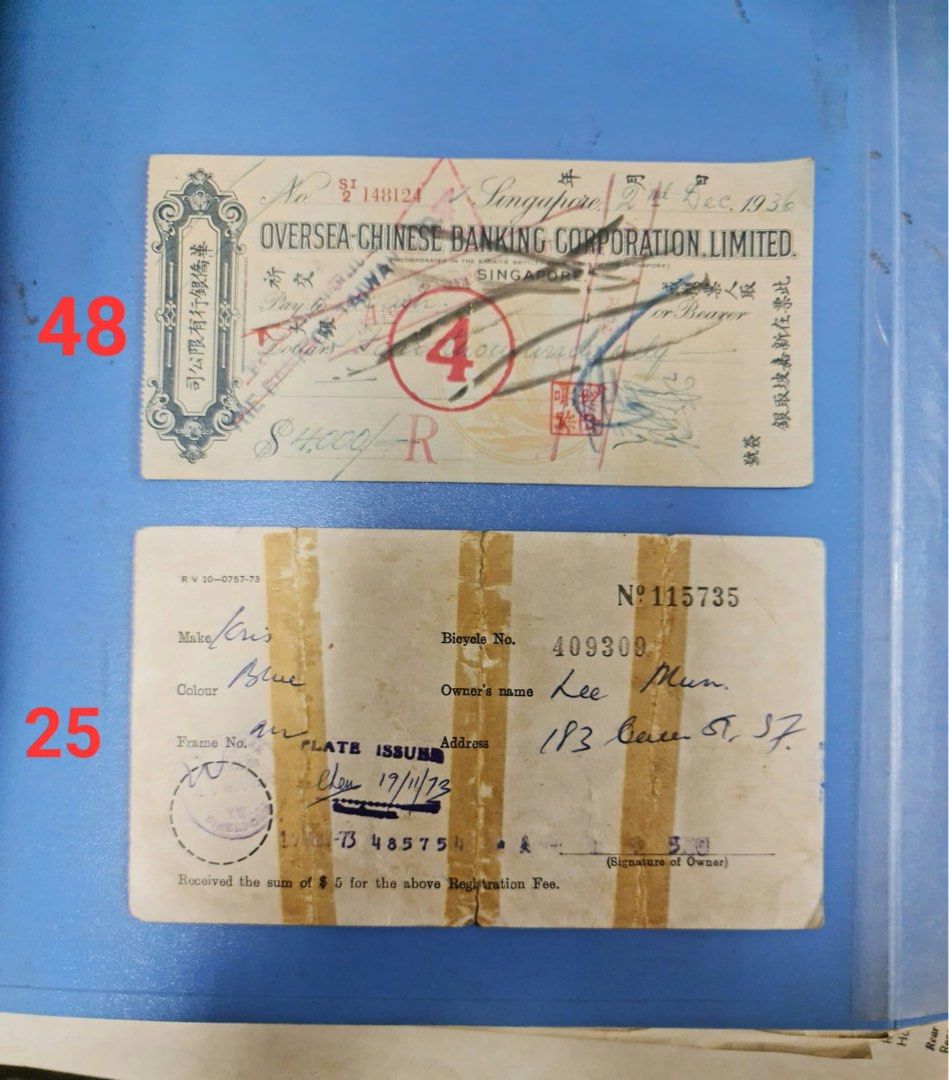 OCBC cheque , 1936 and bicycle number plate registration slip.1973 ...