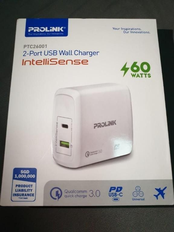 PROLiNK PTC26001-WHT Travel wall PD charger with IntelliSense/ 3 pin plug (White) / USB-C/QC 3.0 ...