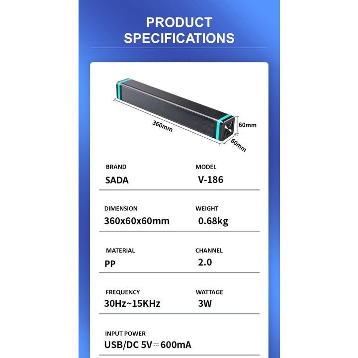 SADA Computer Speaker V-186 USB Wired Bar Stereo Subwoofer Music Player ...