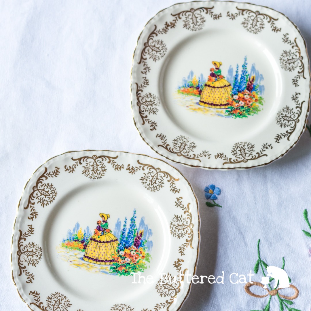 TWO vintage English china tea plates, crinoline lady in the garden ...