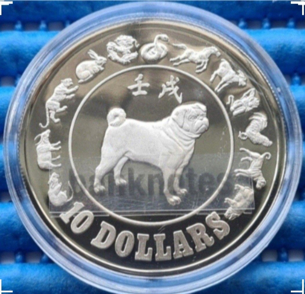 1982 Singapore Lunar Year of the Dog $10 Silver Proof Coin with Box and ...
