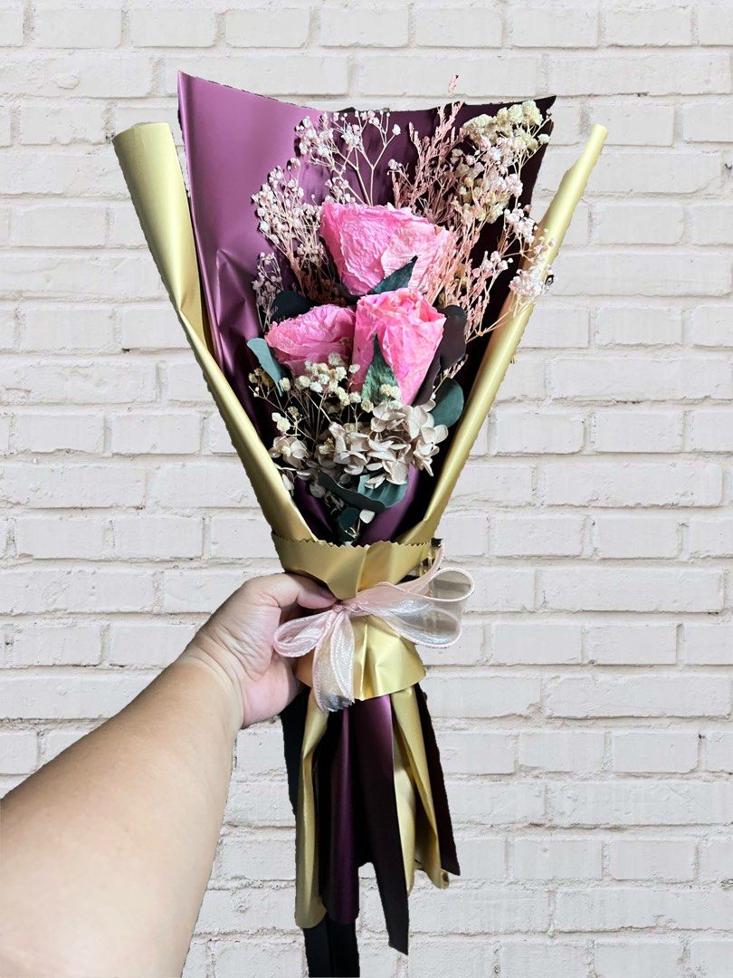 3 piece pink fossilized rose bouquet on Carousell