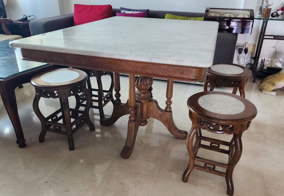 ANTIQUE Marble Dining Table and 4 Marble Chairs, Furniture & Home ...