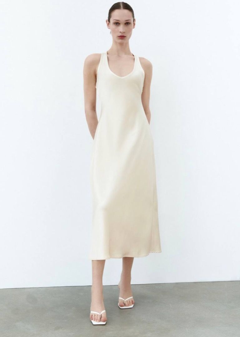 Best Seller: Cream White Midi Satin Dress, Women's Fashion, Dresses & Sets, Dresses on Carousell