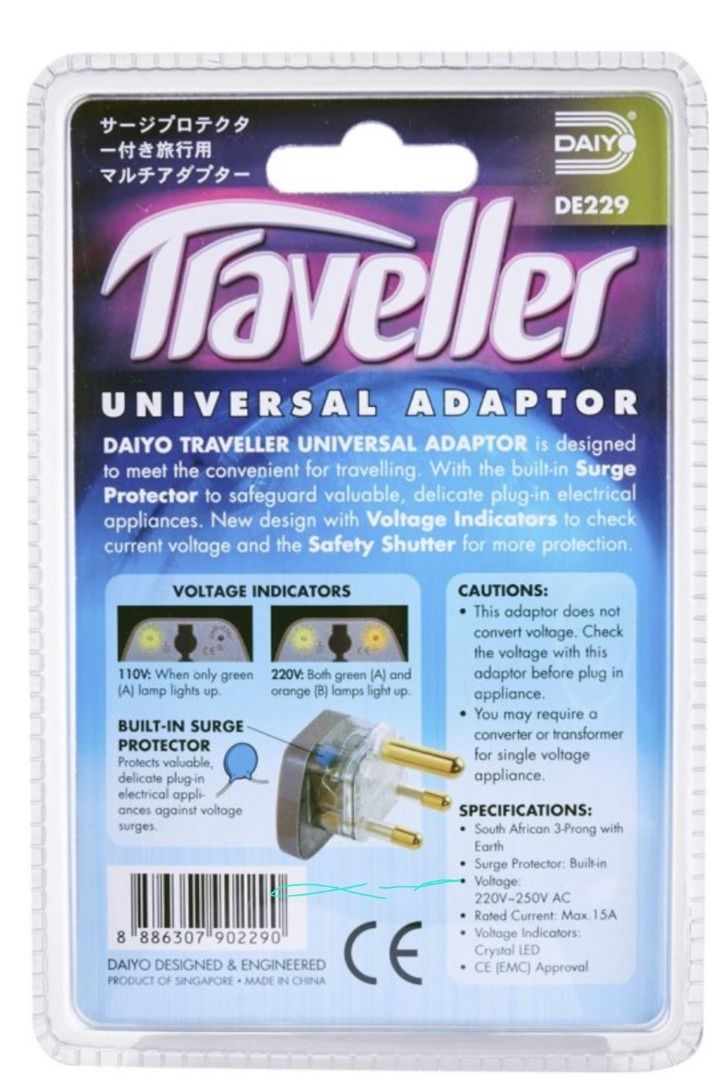 DAIYO DE 229 Traveller Adaptor South African 3 Prong with Earth, TV ...