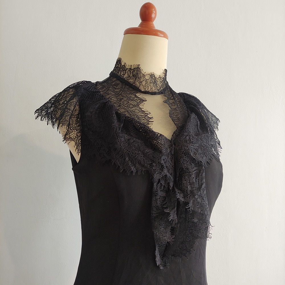 DRESS TIARA KOREA midi long black lace chantilly ruffle turtleneck ...