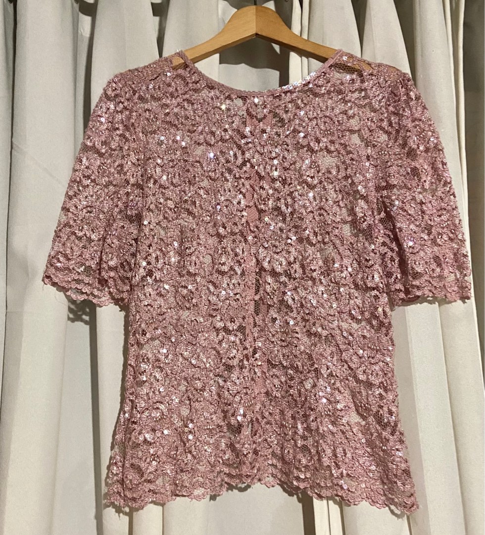 Floral Mesh Lace Pink Back Button Up with Embellished Sequins and Beads ...