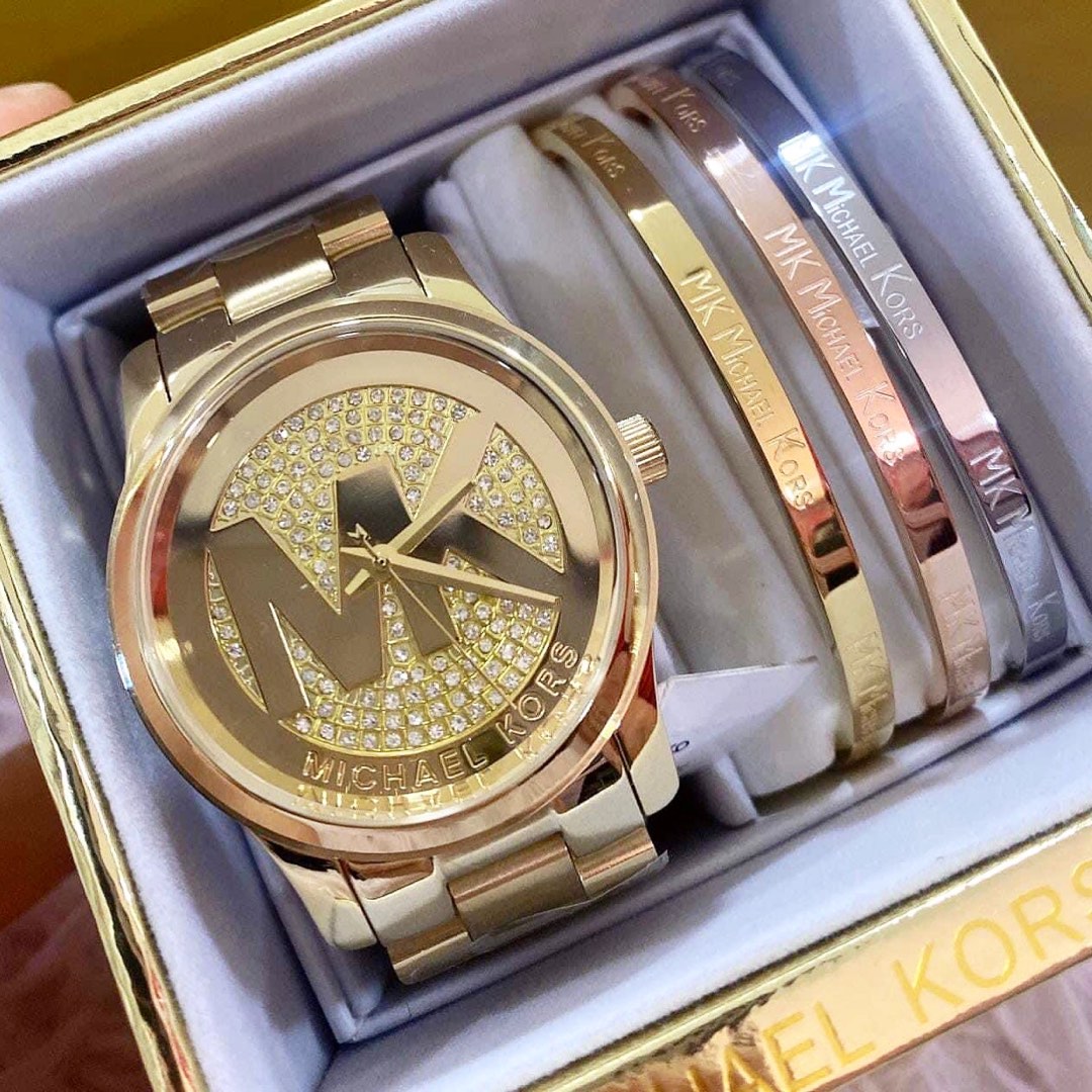 MK LOGO DIAL FULL GLITZ SET WITH TRI TONE BANGLES AUTHENTIC WATCH ...