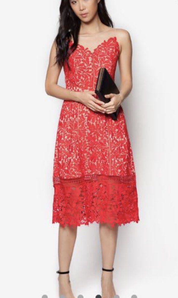 Red Lace Overlay Midi Dress, Women's Fashion, Dresses & Sets, Dresses ...