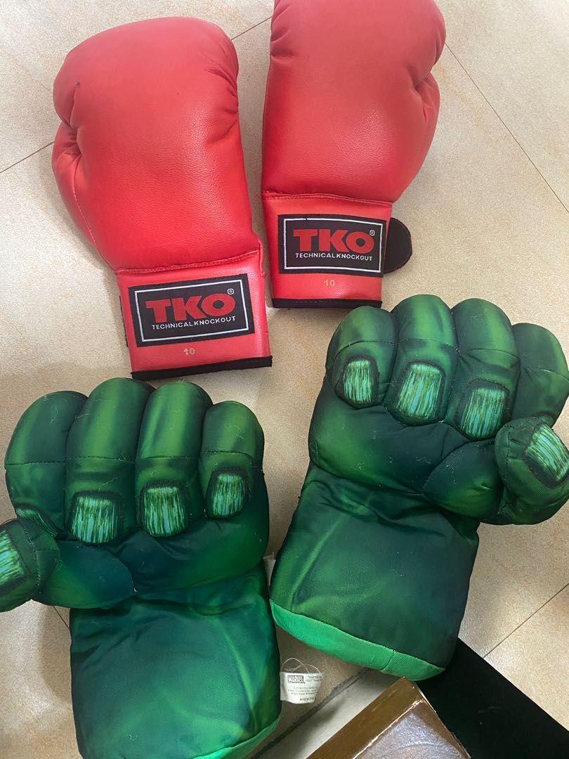 Used boxing gloves and Hulk gloves on Carousell