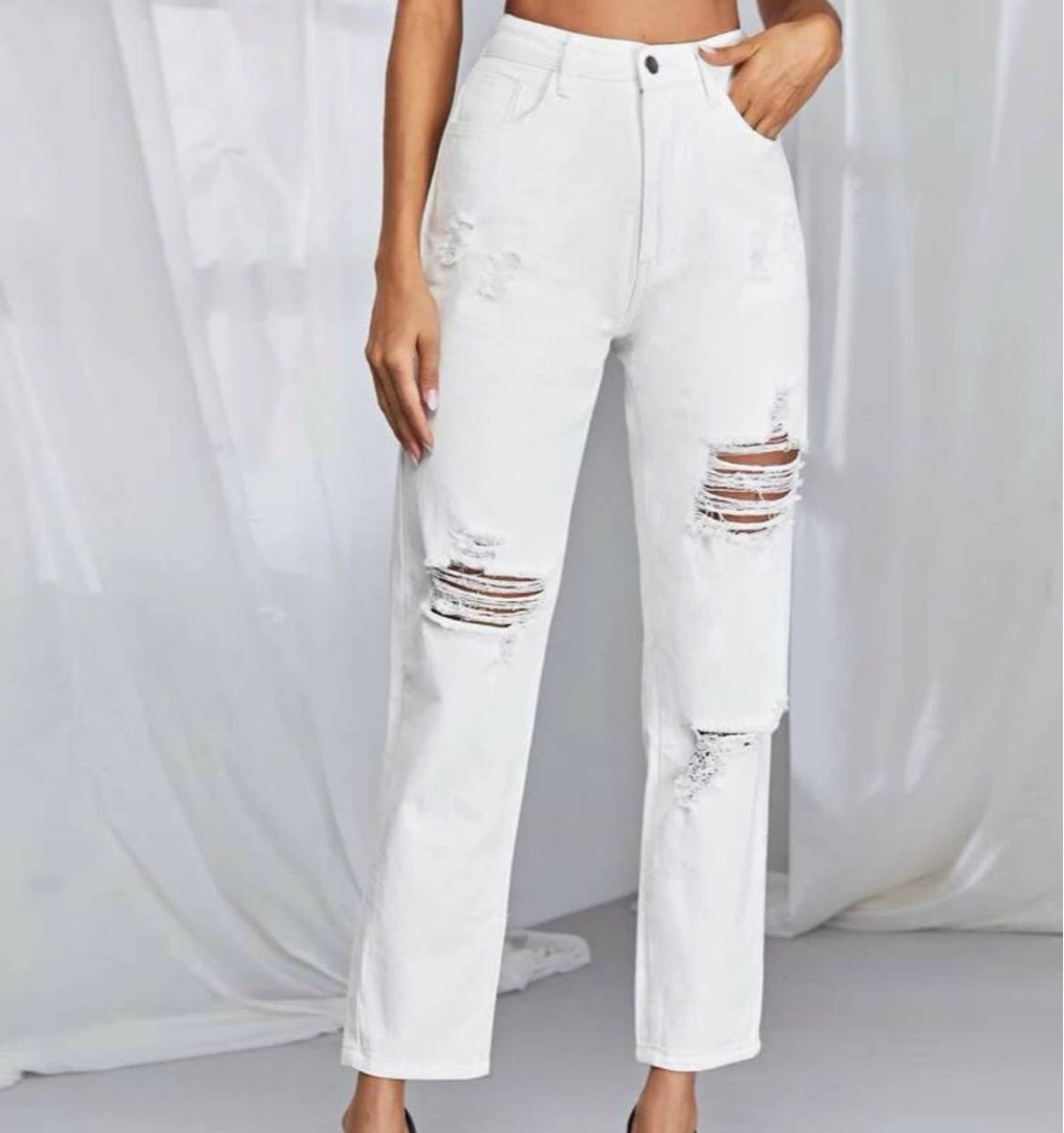 White ripped Jeans, Women's Fashion, Bottoms, Jeans & Leggings on Carousell