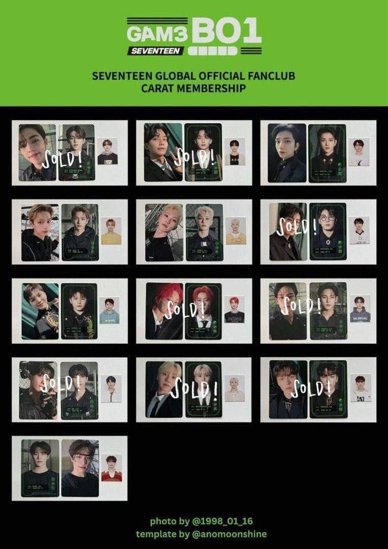 wts svt seventeen carat membership pc+photo id + special character card ...