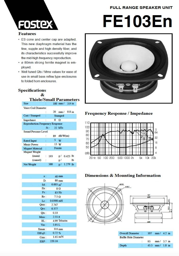 FOSTEX FE103En Full range speakers, Audio, Soundbars, Speakers ...