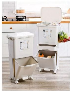 Kitchen Double Layer Large Trashcan Dustbin 71cm Wet Dry Sorting Wheels ...