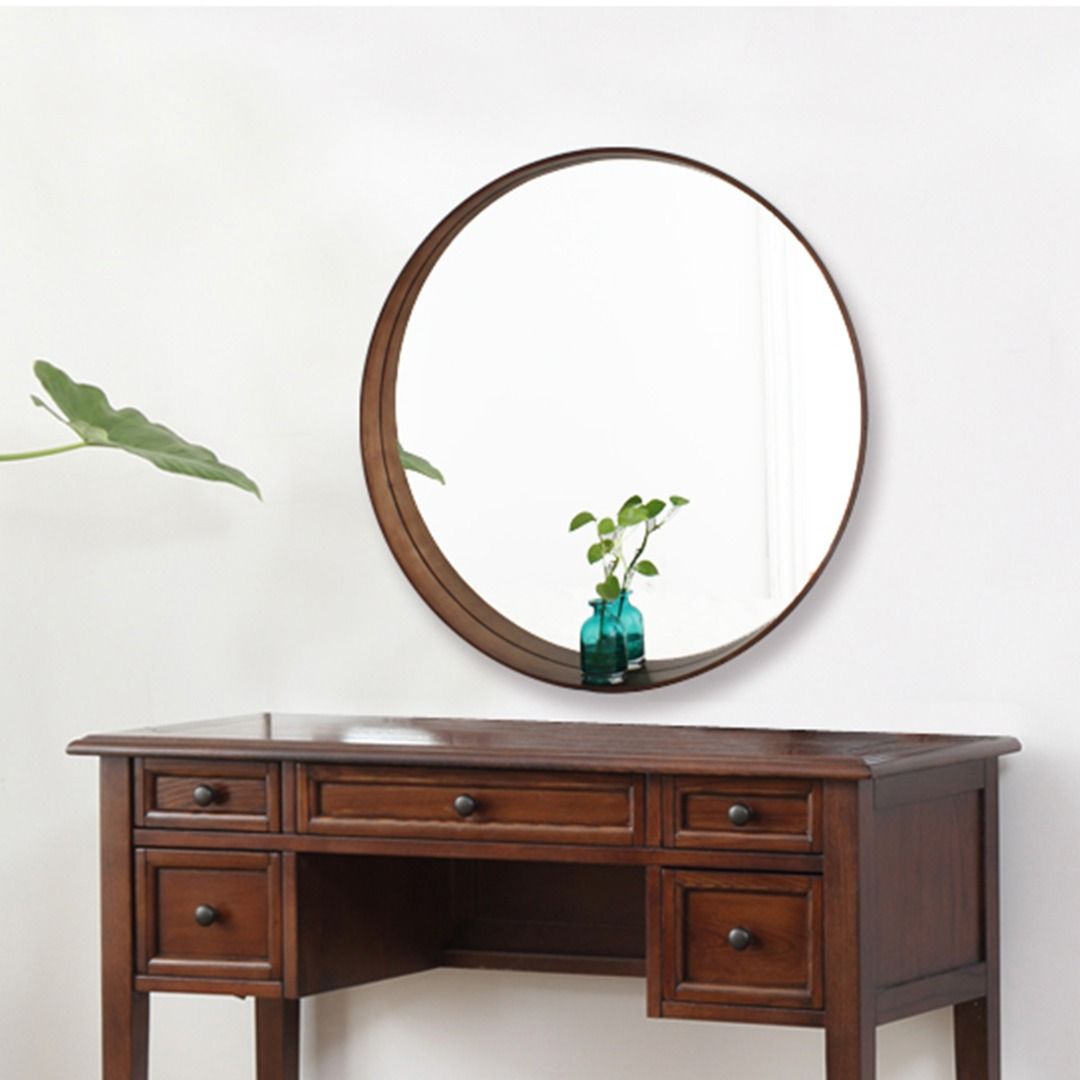 Presenthem Elegant Solid Wood Round Wall Mirror with Half Moon Border ...