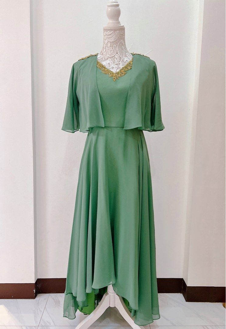 Sage Green Hi-Low Ninang Gown Dress, Women's Fashion, Dresses & Sets ...