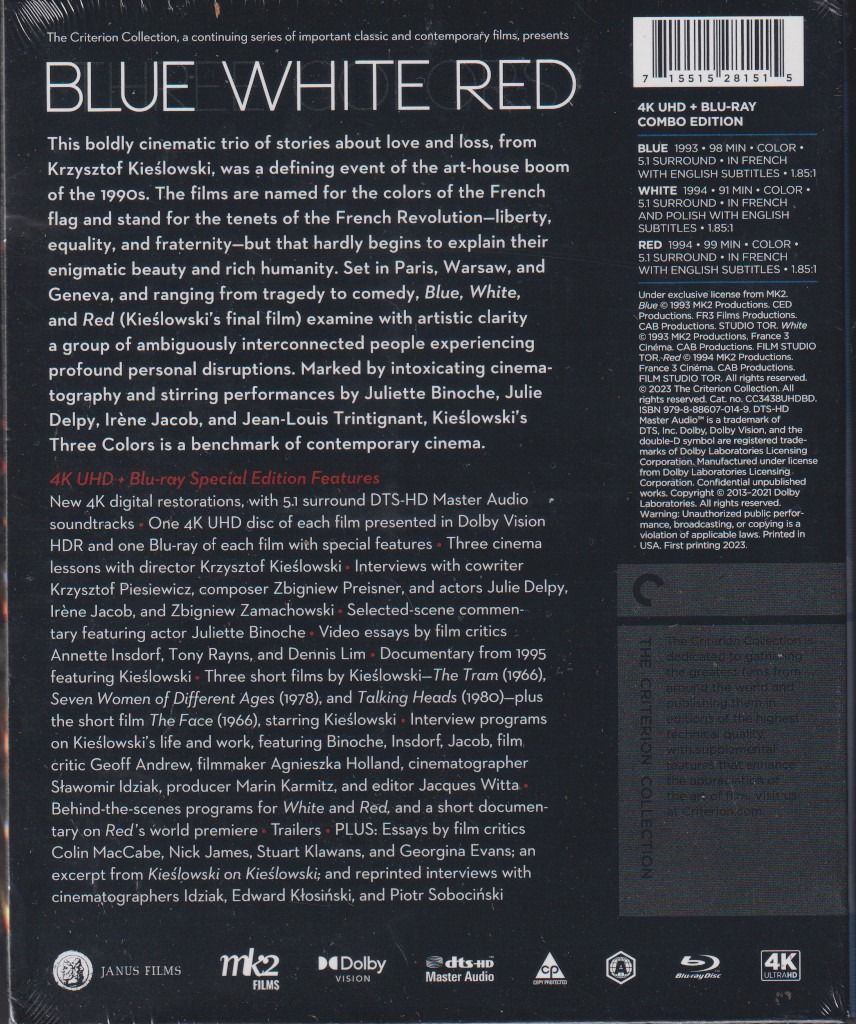 Three Colors Trilogy 4K (Criterion Collection No. 587) Blu ray / Bluray ...