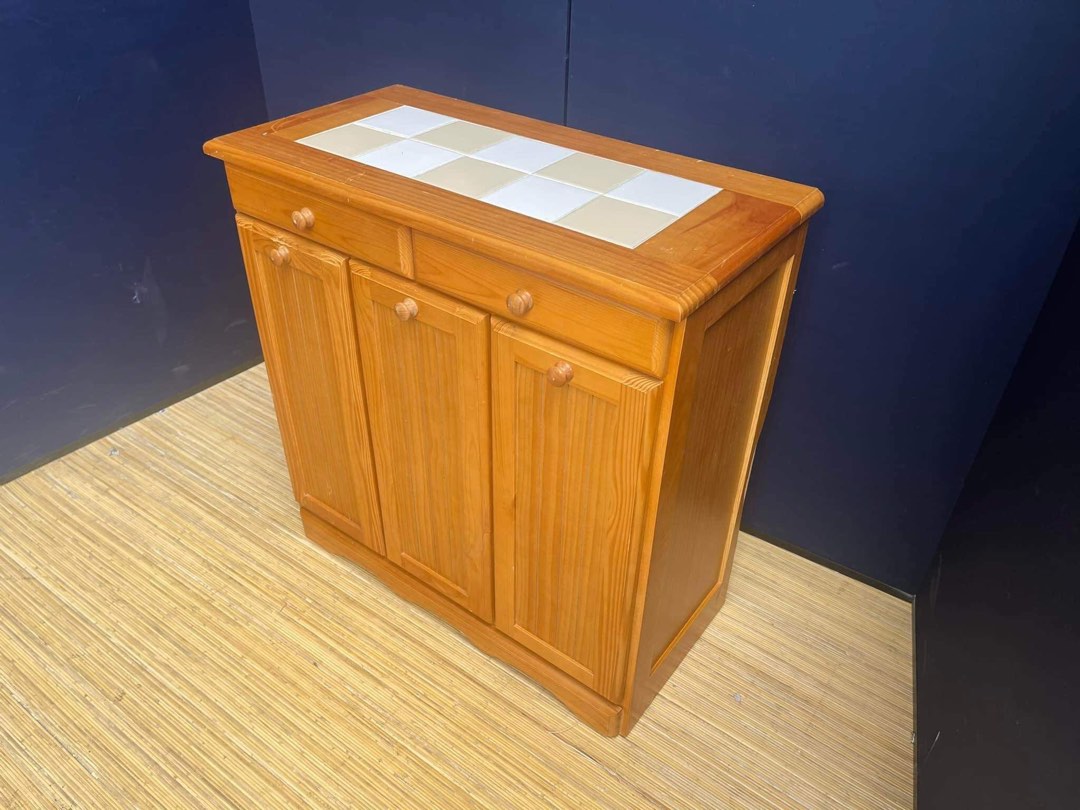 Trash Bin Cabinet 27”L x 14”W x 28”H Solid wood Ceramic tile top 3 ...