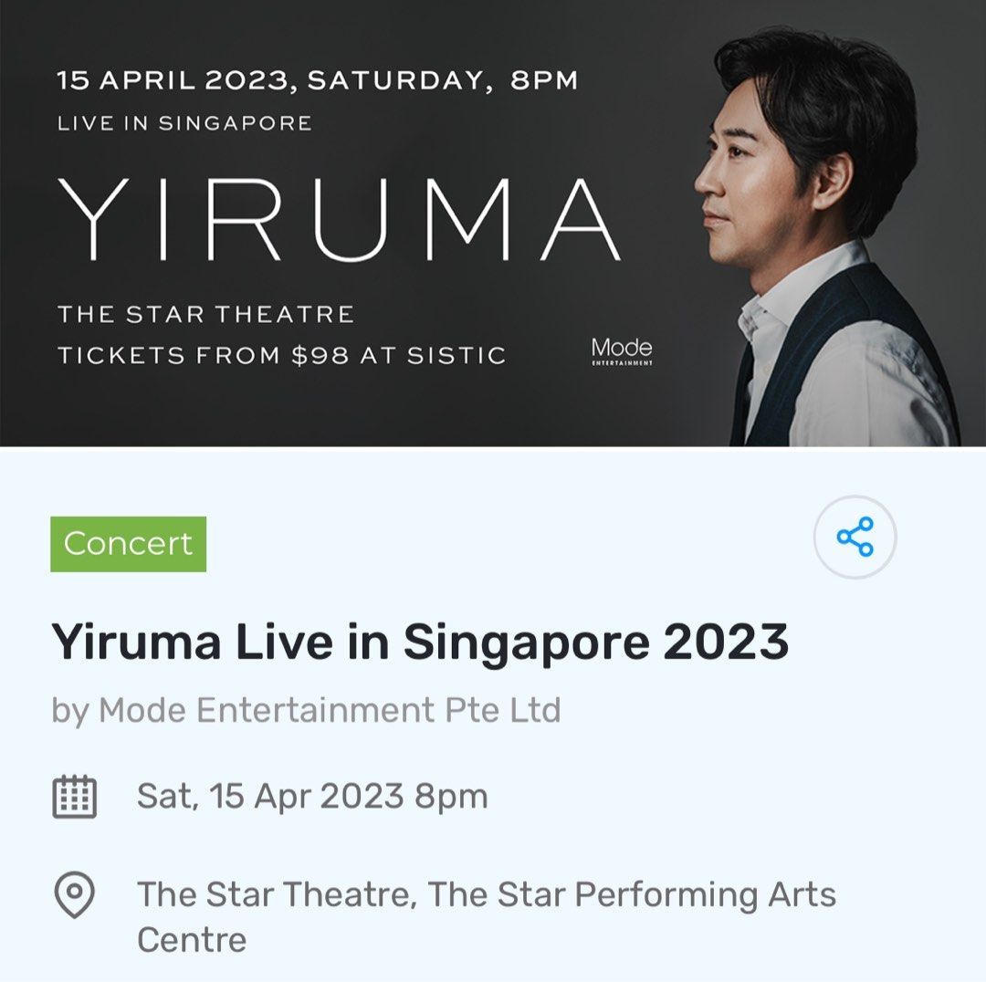 Yiruma Singapore 2023 (1 pair/2 tickets), Tickets & Vouchers, Event Tickets on Carousell