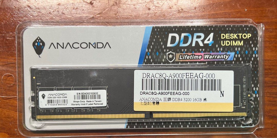 終身保固桌電記憶體 ANACOMDA 巨蟒 DDR4 3200 16G 單隻, 電腦及科技產品, 桌上電腦或筆記型電腦在旋轉拍賣
