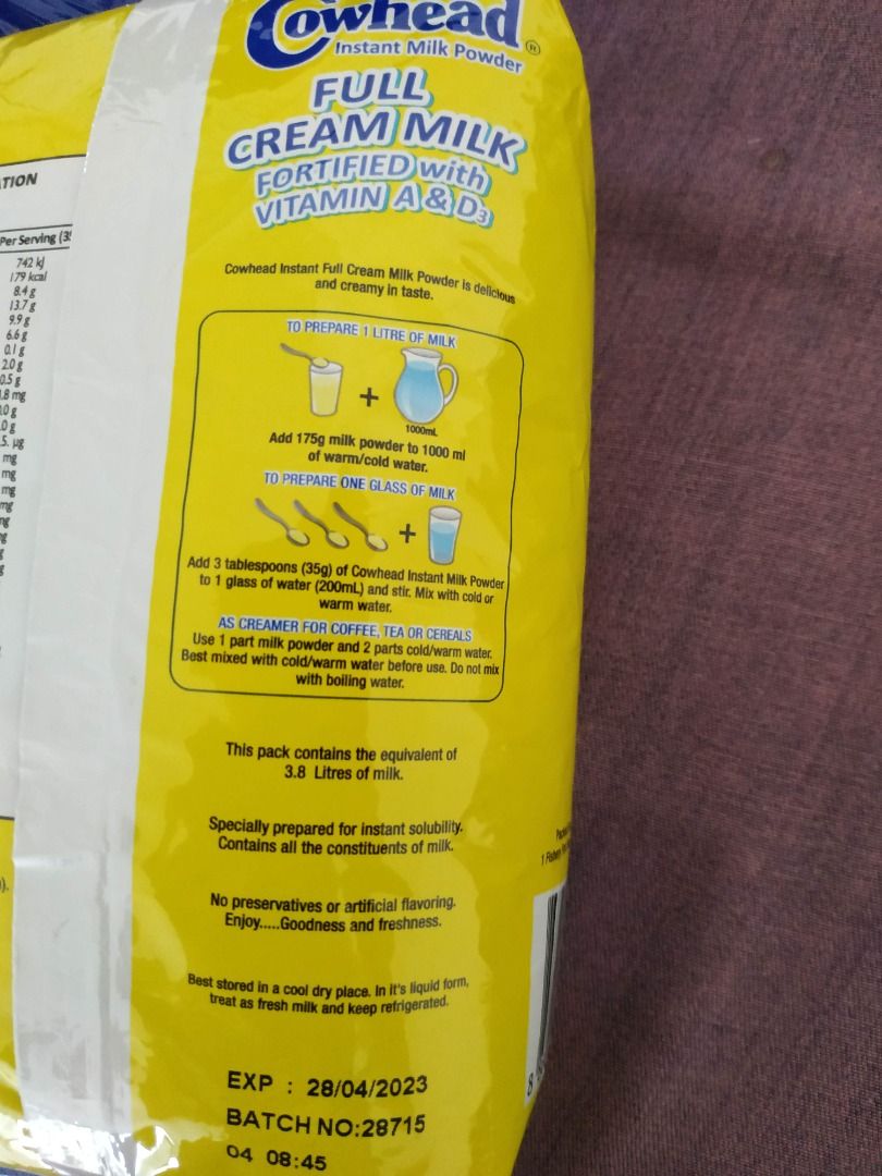Cowhead Instant Milk Powder - Full Cream, 500g. Exp 4 Mar 2024., Food ...
