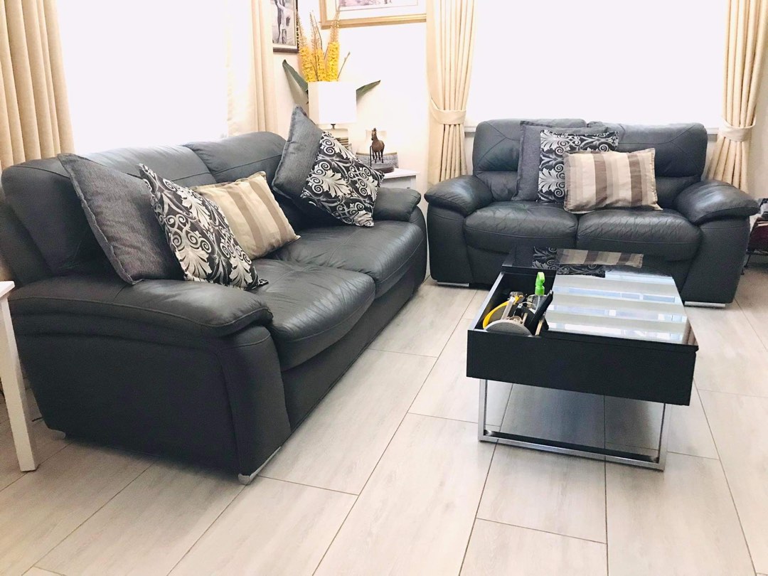 Dark Gray Genuine Leather Sofa Set on Carousell