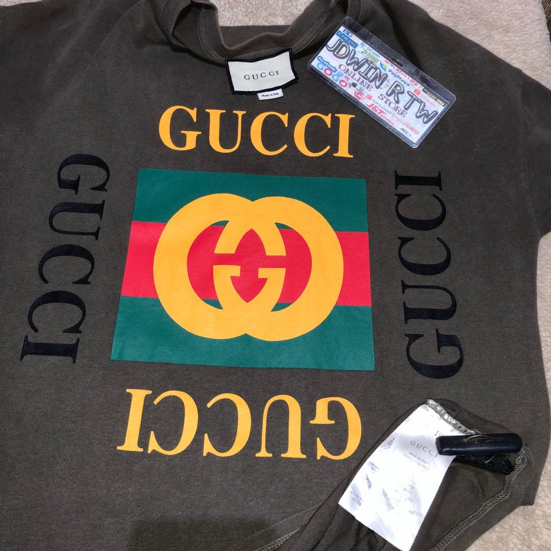 GUCCI ROUNDNECK GIANT PRINTOUT LOGO TSHIRT STONE GRAY (Please view all ...