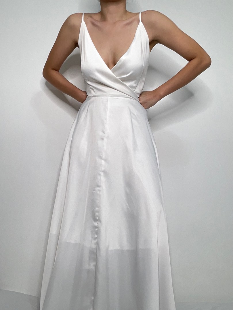 Porcelain white silk halter maxi dress on Carousell