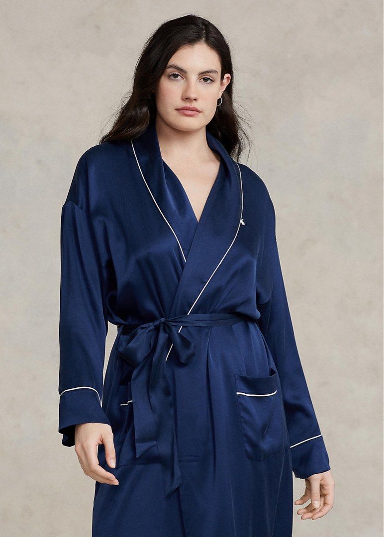 RALPH LAUREN stretch silk bath robe navy blue white, Women's Fashion ...