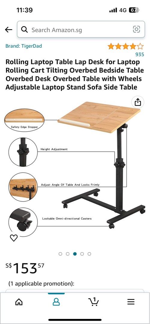 Standing table, Overbed Table with Wheels, Sofa Side Table, angle ...