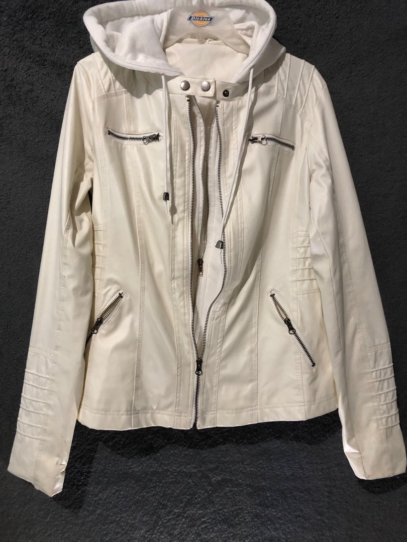 White Leather Hoodie Jacket, Women's Fashion, Coats, Jackets and ...