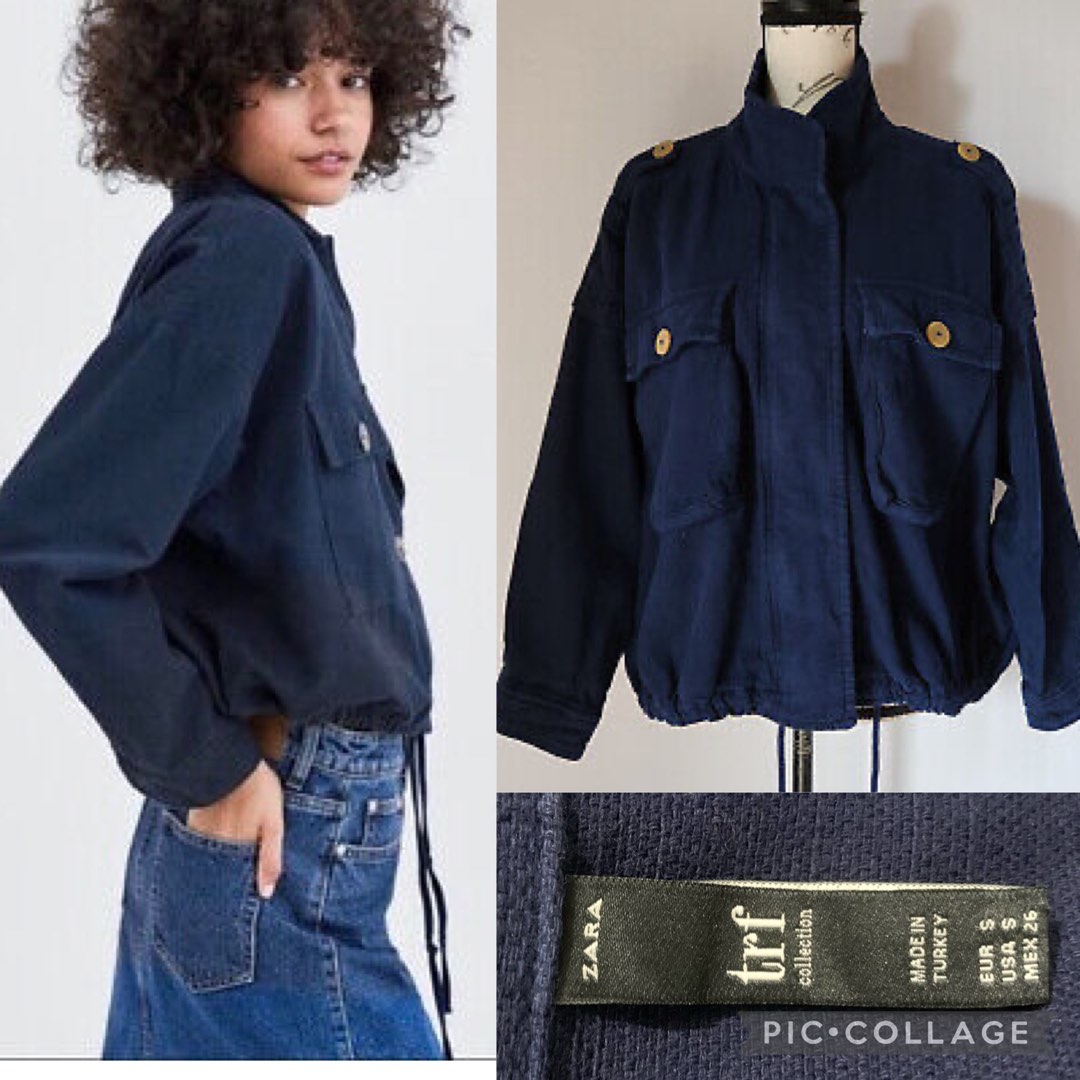 ZARA TRF Collection Linen Blend Bomber Jacket Zip-Snap Drawstring Blue ...